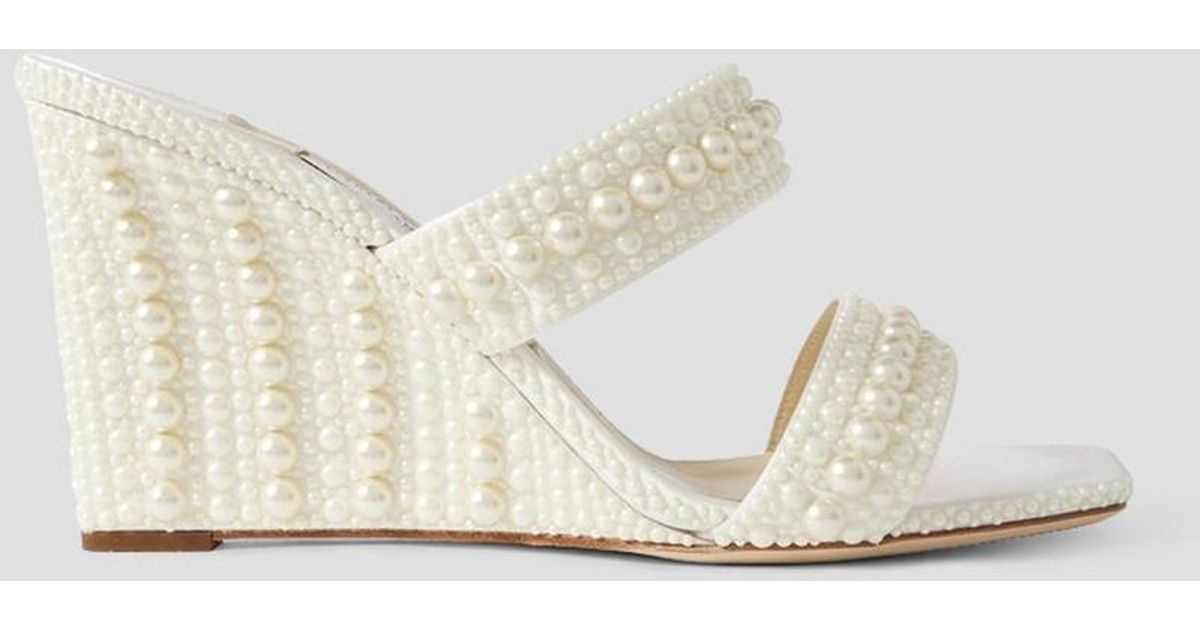 Jimmy Choo Sacoria 85 Faux Pearl-embellished Satin Wedge Sandals in White | Lyst