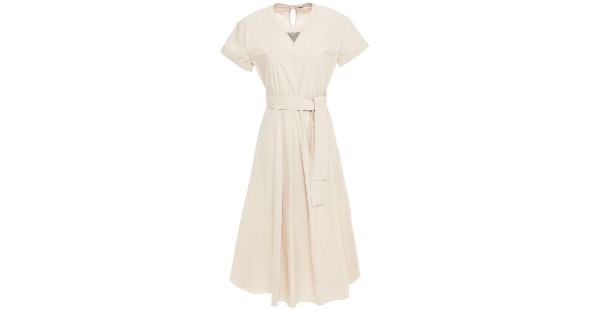 Brunello Cucinelli Belted Embellished Cotton Poplin Midi Dress In