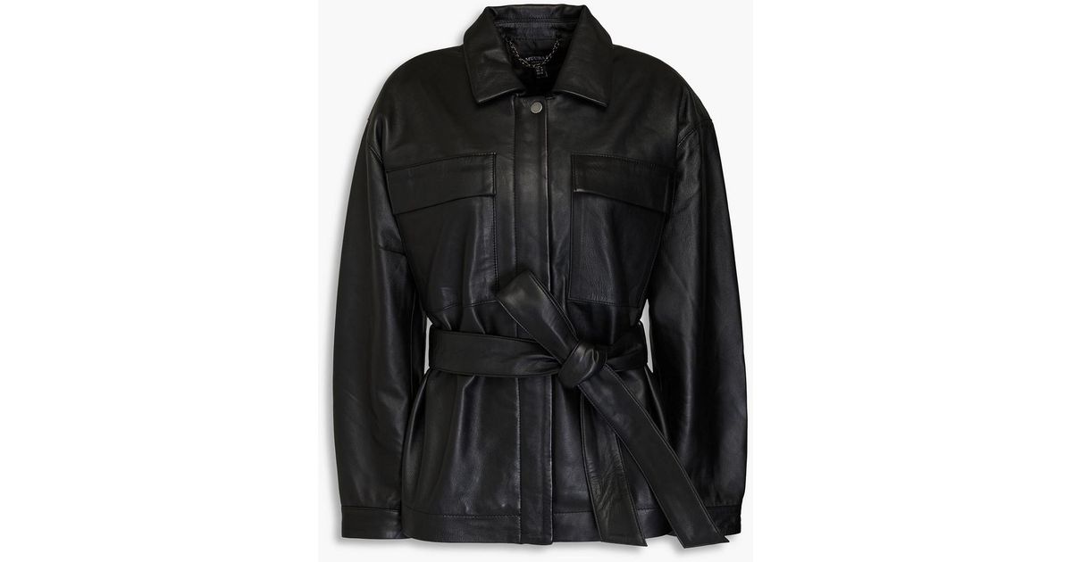 Muubaa Belted Leather Jacket in Black | Lyst