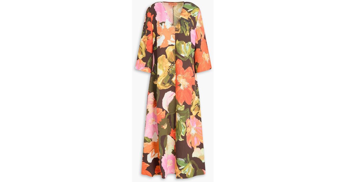 Stine Goya Vic Floral-Print Seersucker Midi Dress in Orange | Lyst