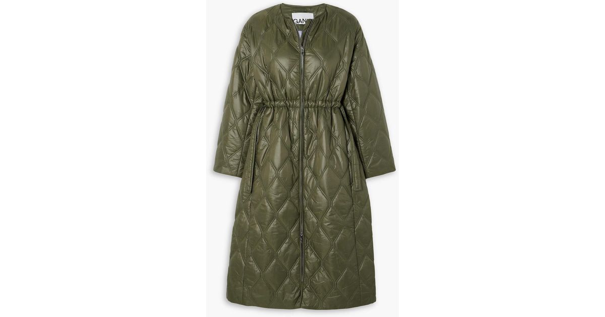 Ganni Quilted Glossed-shell Coat in Green | Lyst