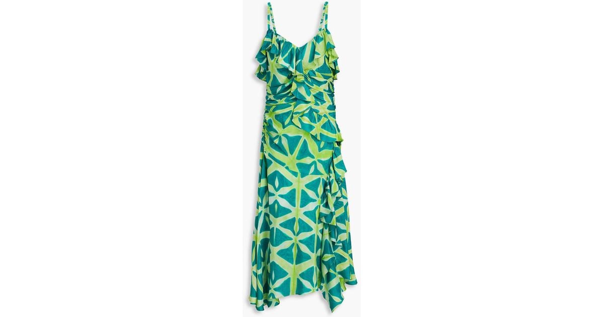 Ulla Johnson Zoya Ruffled Printed Silk-satin Midi Dress in Green | Lyst