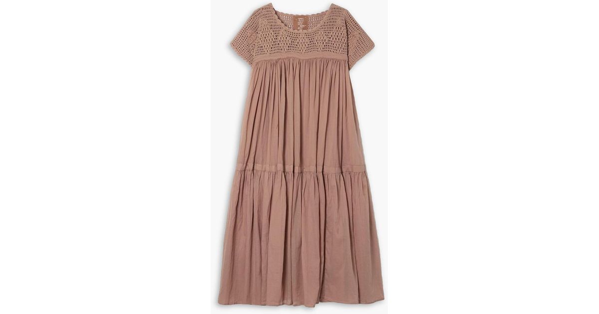 Yvonne S Wind Crochet-trimmed Cotton-voile Midi Dress in Brown | Lyst