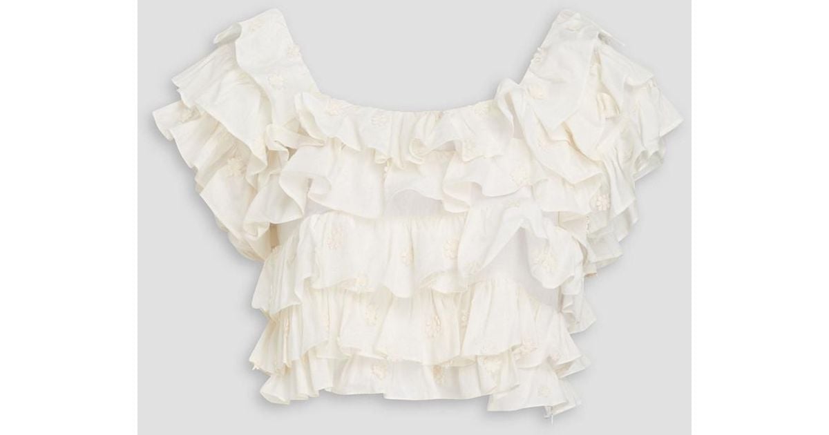 FARM Rio Cropped Ruffled Cotton-mousseliene Top in White | Lyst UK