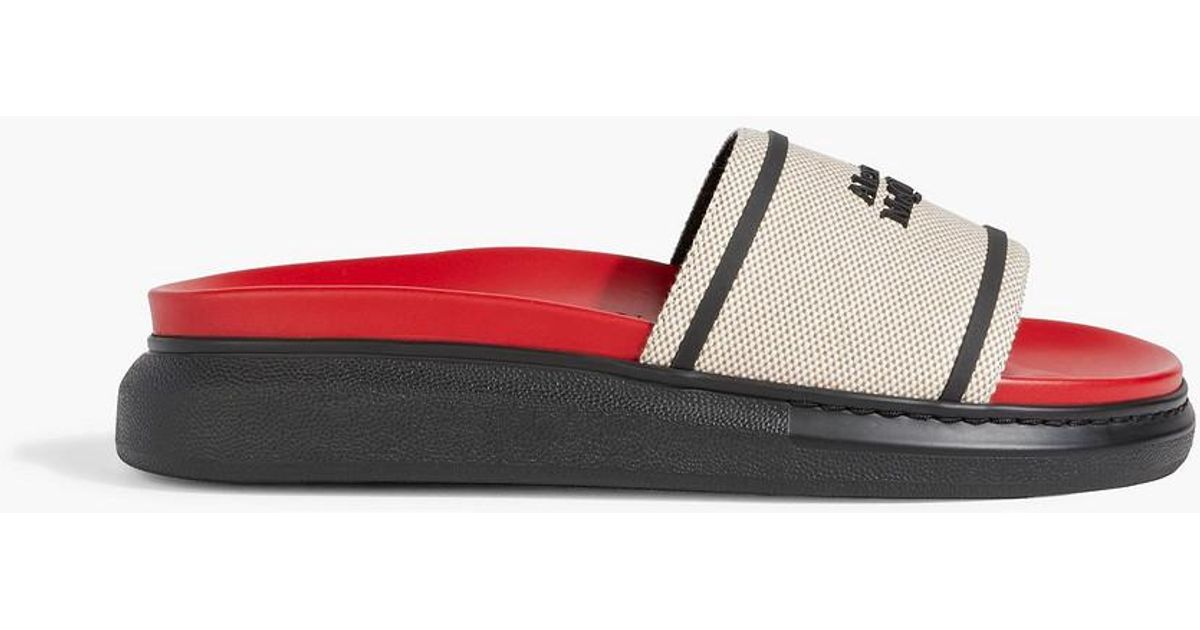 McQueen Hybrid Logo-Embellished Canvas Slides in Natural | Lyst