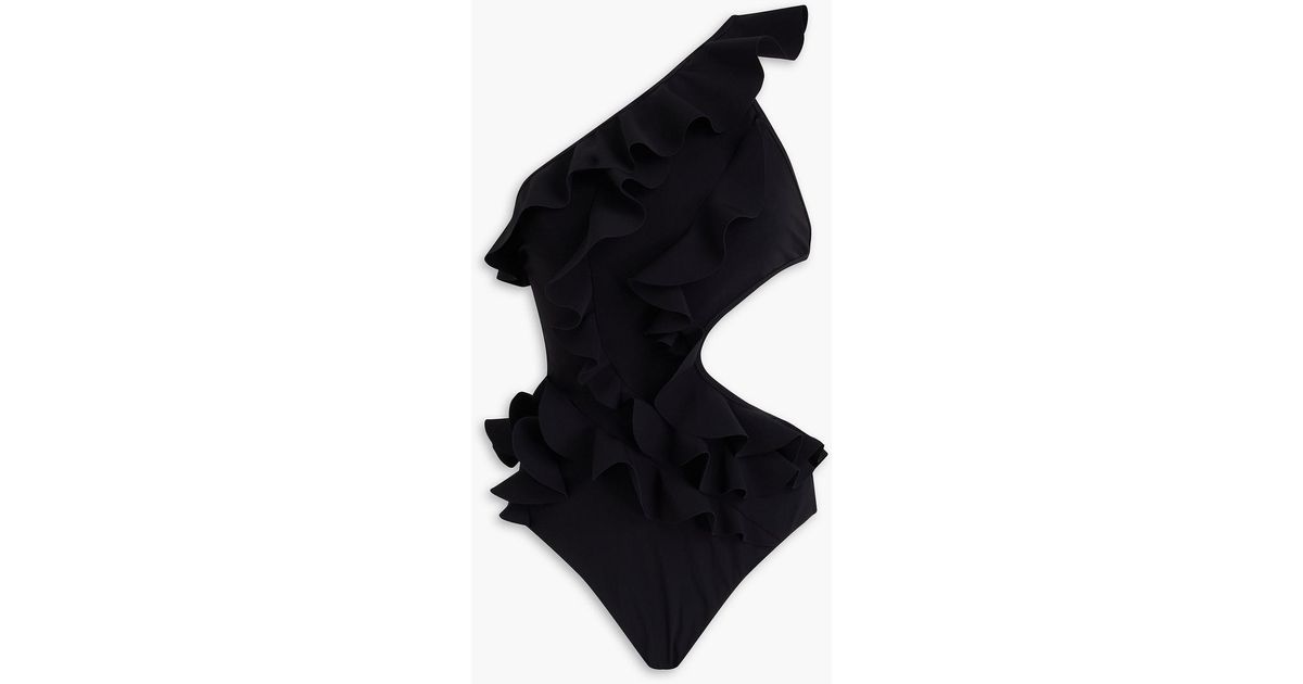 Zimmermann Devi One Shoulder Ruffled Cutout Swimsuit In Black Lyst