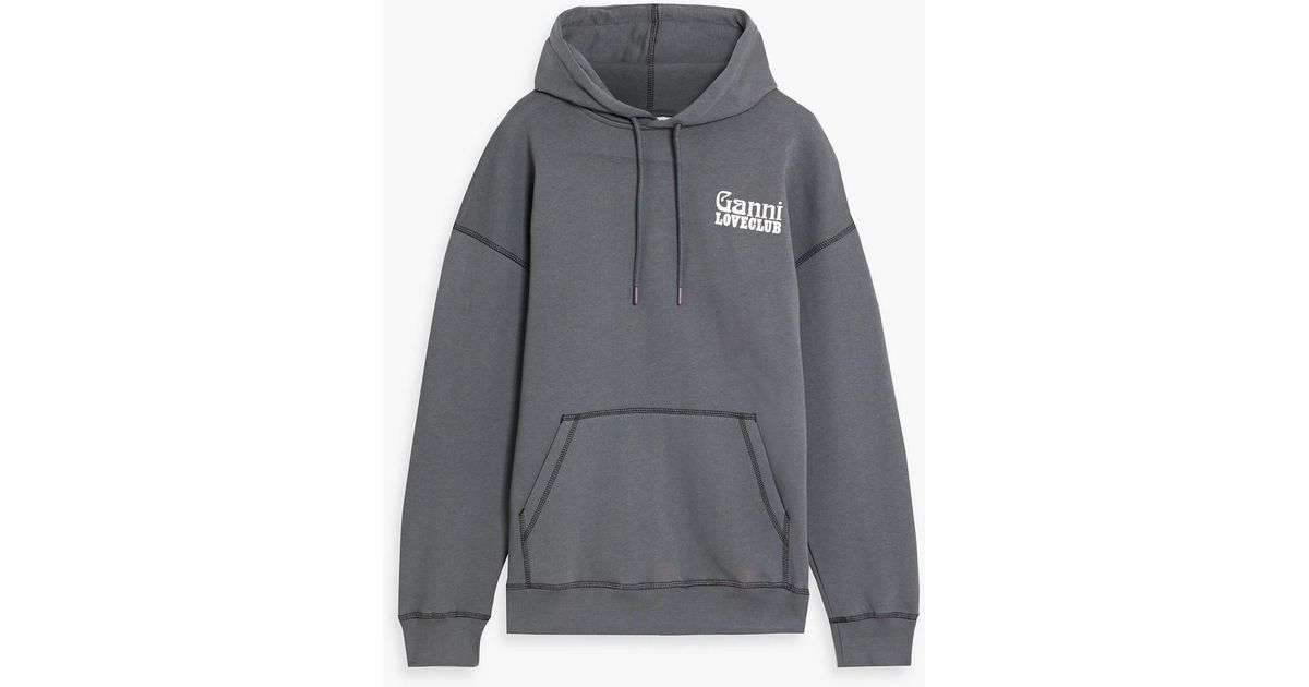 Ganni Printed Cotton-fleece Hoodie in Gray | Lyst