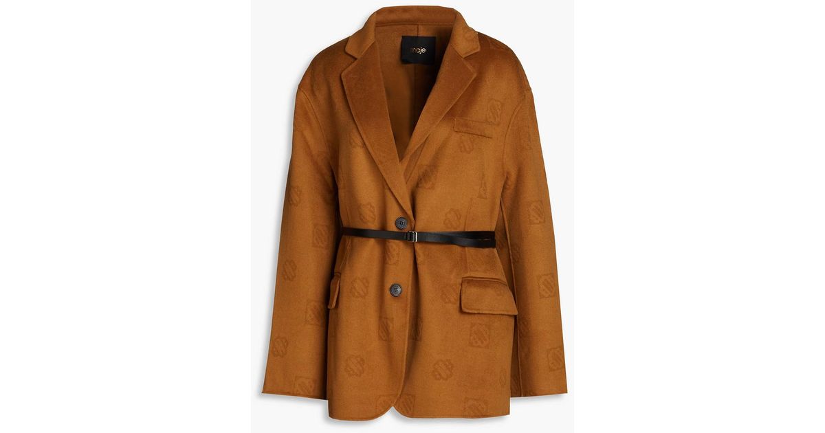 Maje Belted Wool-jacquard Blazer in Brown | Lyst