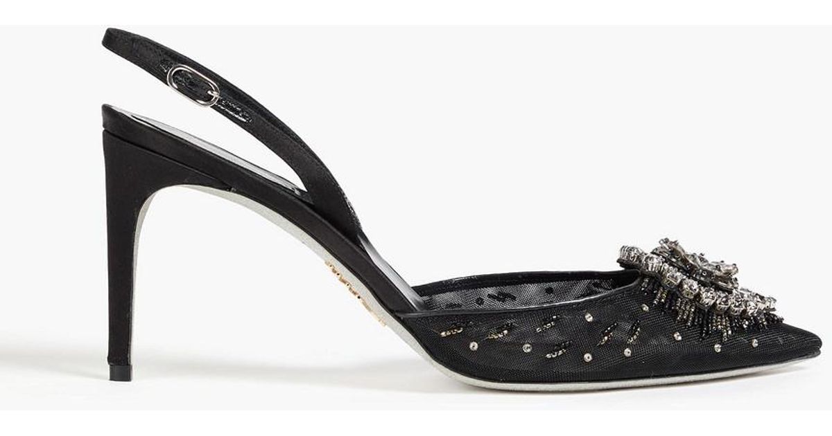 Rene Caovilla Barbara Embellished Satin Slingback Pumps in Black | Lyst UK