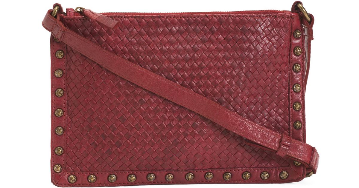 TJ Maxx Leather Woven Panel Crossbody With Studded Trim For in Red | Lyst