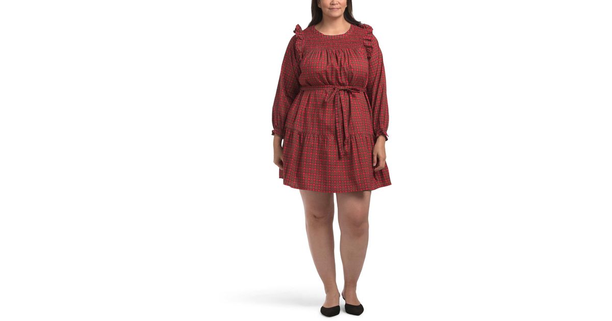 TJ Maxx Plus Blackwatch Plaid Smocked Top Mini Dress For Cotton in Red ...