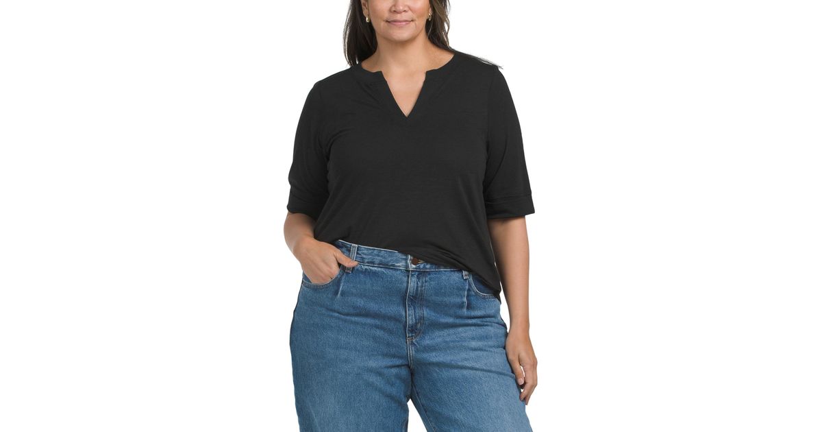 TJ Maxx Plus Elbow Roll Cuff Sleeve Split Neck Top For Spandex/Cotton ...