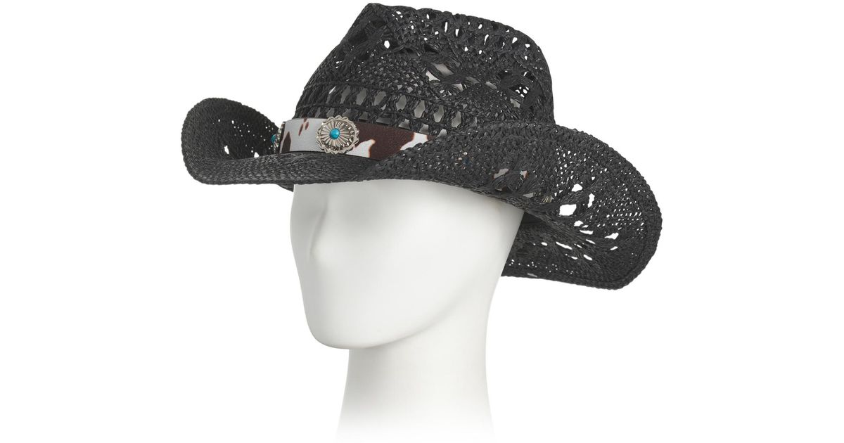 TJ Maxx Cow Print Medallion Trim Open Weave Hat For in Black | Lyst