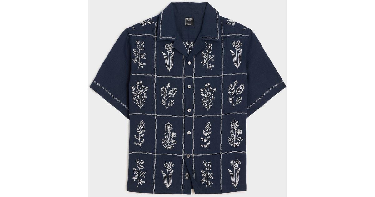 Todd Snyder Cropped Embroidered Linen Camp Collar Shirt in Blue for Men ...