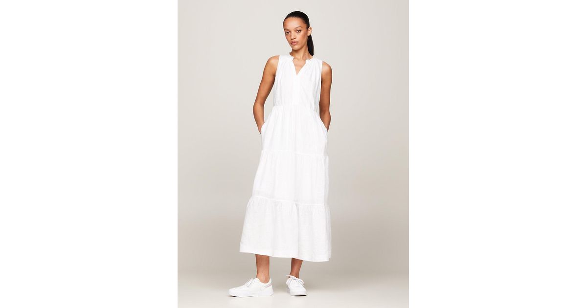 Tommy Hilfiger Linen Tiered Sleeveless Maxi Dress in White | Lyst UK