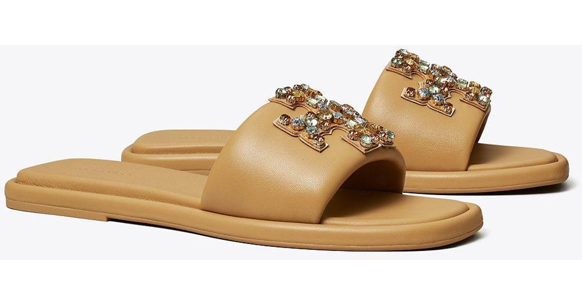 Tory Burch Double T Crystal Burch Slide in White | Lyst