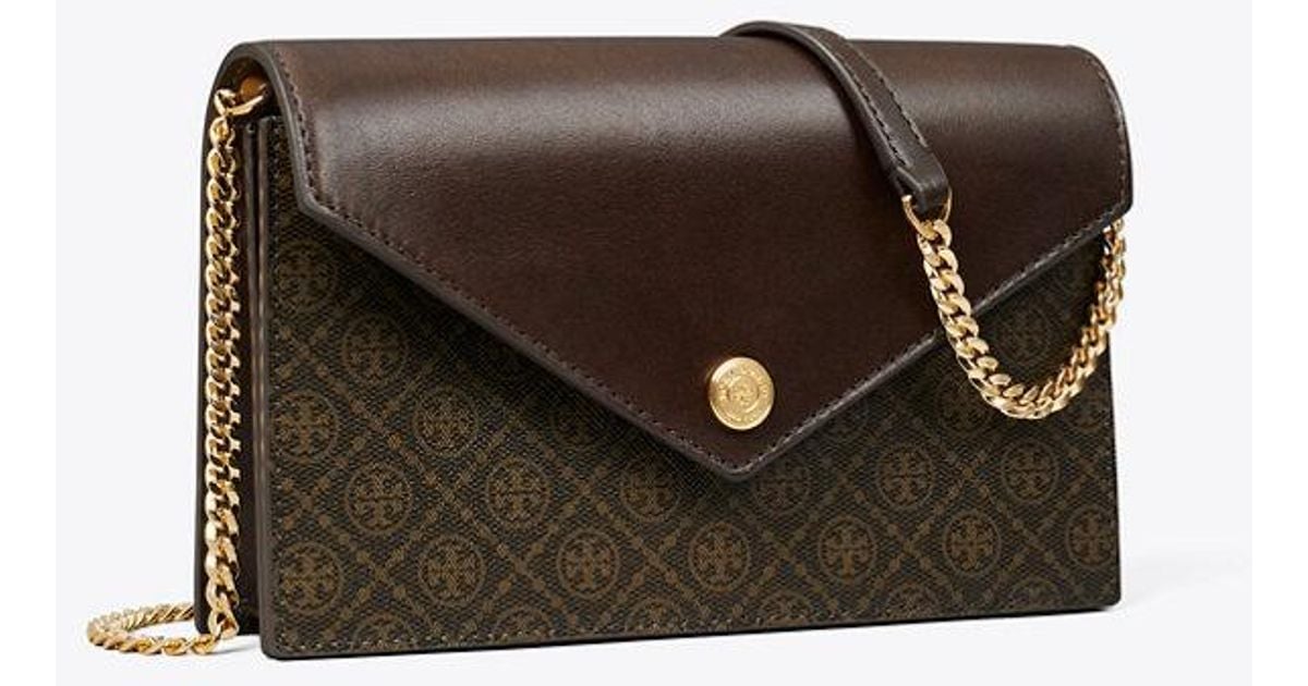 Tory Burch T Monogram Coated Canvas Envelope Chain Wallet in Brown | Lyst
