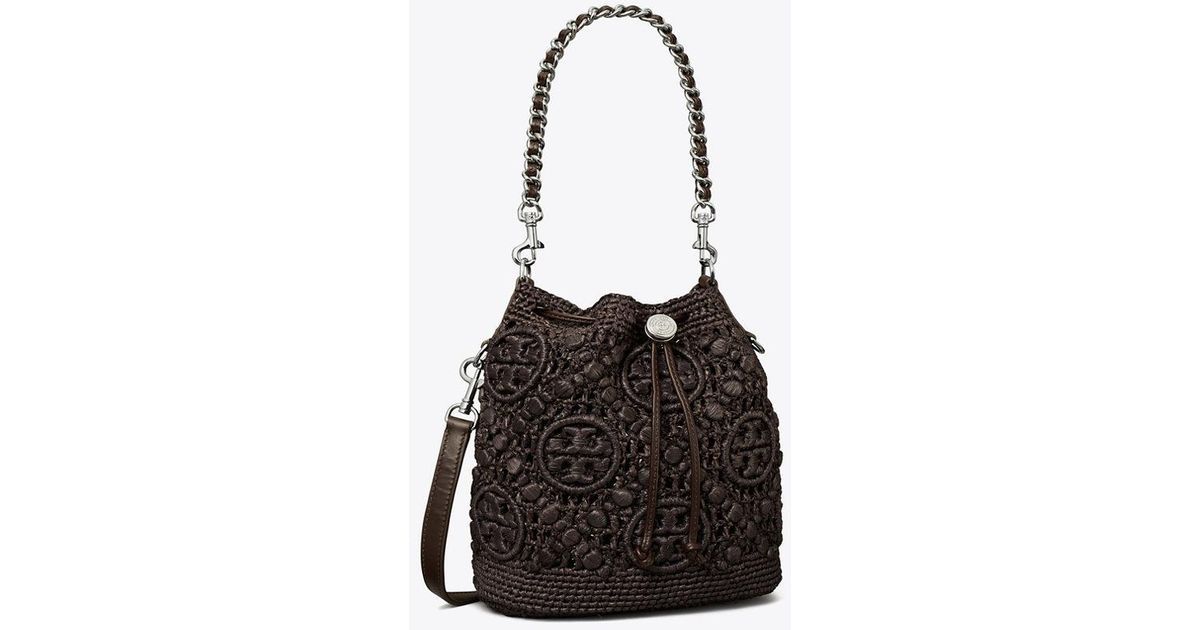 Tory Burch T Monogram Raffia Bucket Bag in Black | Lyst