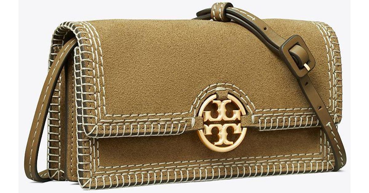 Tory Burch Miller Suede Stitched Wallet Crossbody In Metallic Lyst