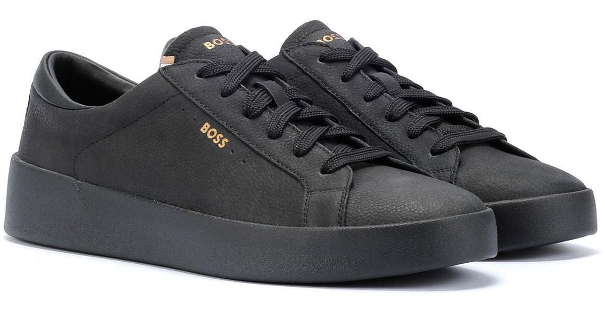 BOSS Tumbled Leather Tennis Sneakers in Black for Men | Lyst