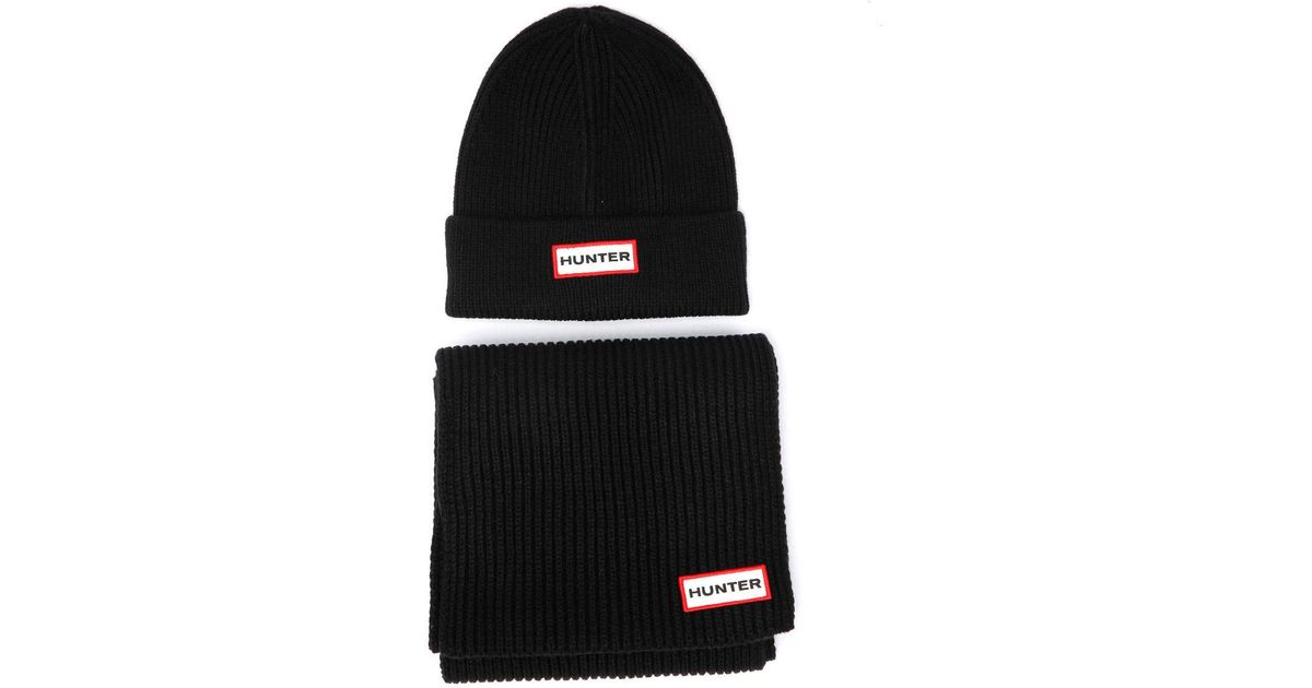 HUNTER Jura Beanie Hat & Scarf Boxset Acrylic in Black | Lyst UK