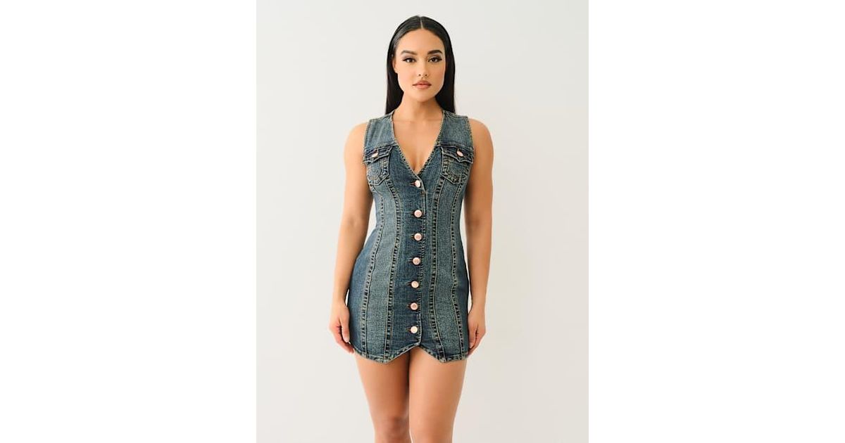 TRUE RELIGION Fitted Denim Vest Dress in Blue | Lyst