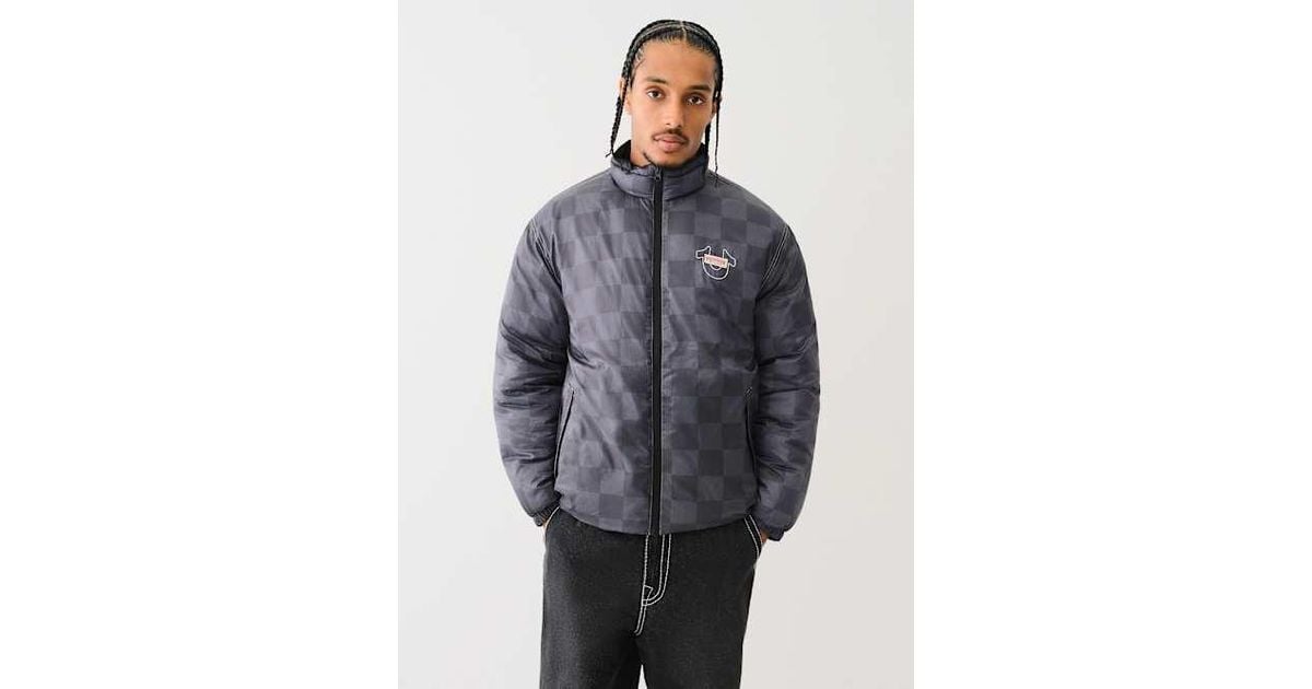 True Religion Embroidered Checkered Puffer Jacket in Gray for Men | Lyst