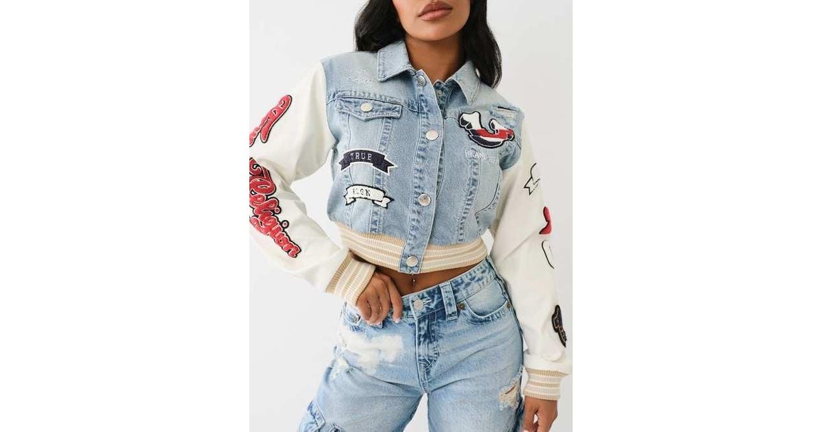 TRUE RELIGION Patch Varsity Denim Crop Jacket in Blue | Lyst