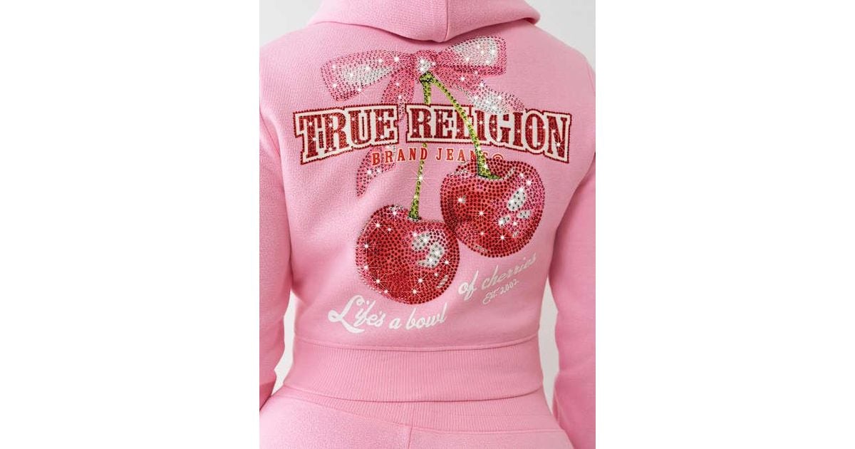TRUE RELIGION Cherry Shrunken Zip Hoodie in Pink | Lyst