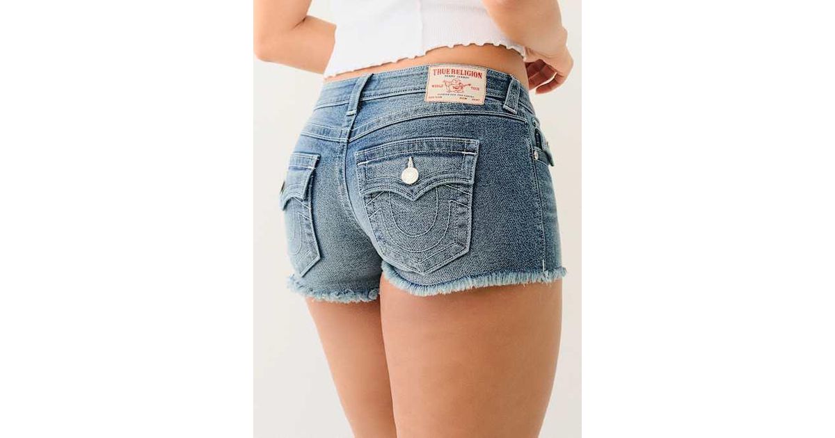 True Religion Joey Low Rise Frayed Short in Blue | Lyst