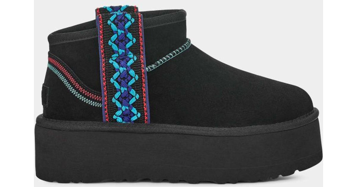 UGG Classic Ultra Mini Braid Platform Suede Classic Boots in Black ...