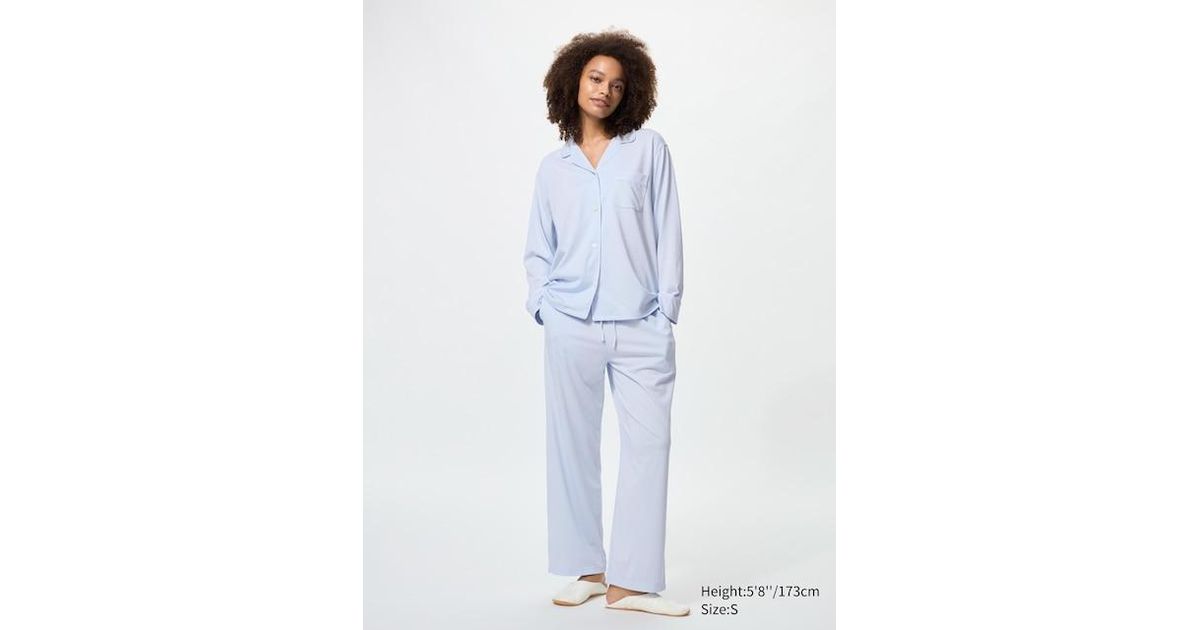 Uniqlo Airism Cotton Pyjamas (Long Sleeve) in Blue | Lyst UK