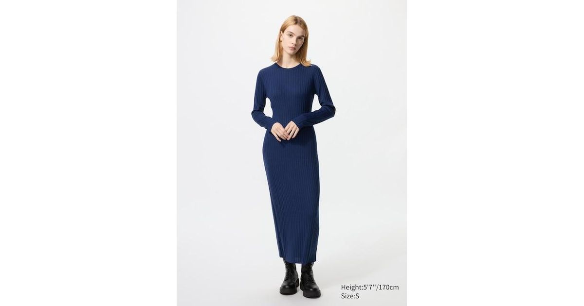 Uniqlo Merino Blend Ribbed Knit Dress in Blue | Lyst UK