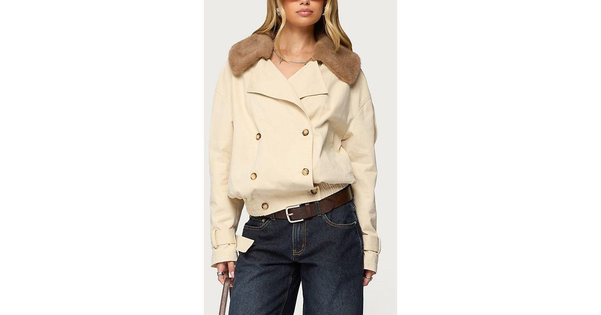 Edikted Detachable Faux Fur Trench Coat Jacket in Natural | Lyst