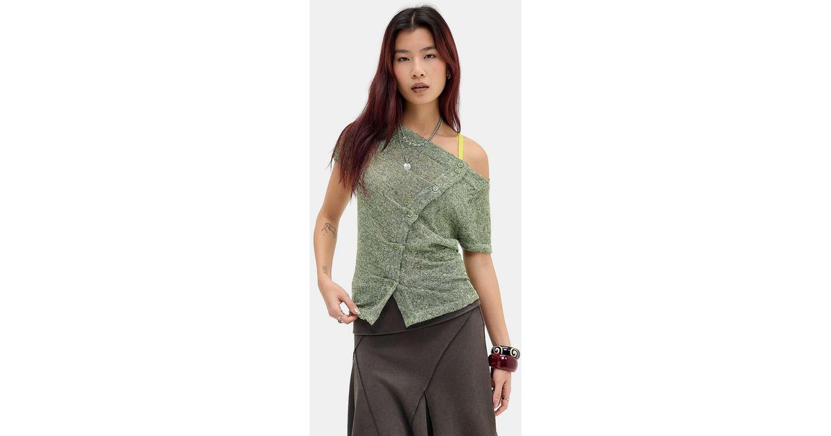 BDG Rue Slash Neck Asymmetric Button Knit Top in Green | Lyst UK