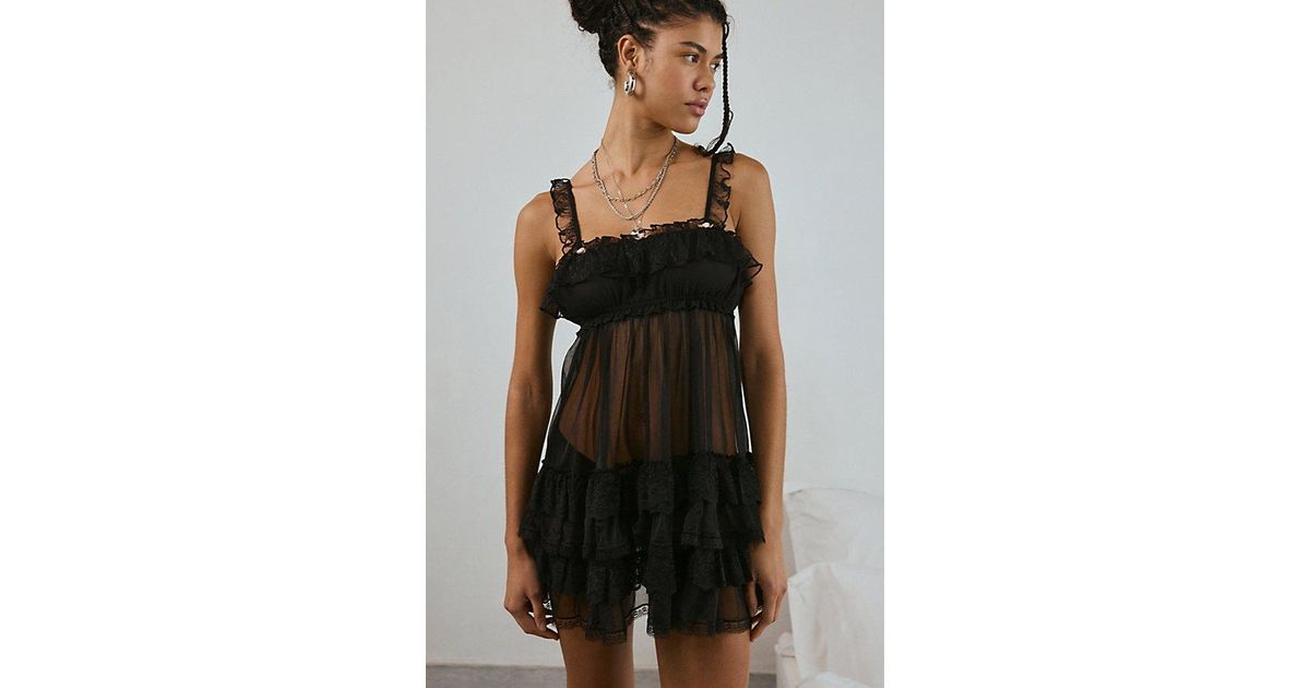 Out From Under Tiered Ruffle Sheer Mesh Slip Dress in Black | Lyst