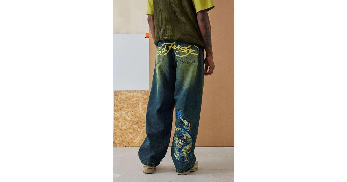 Ed Hardy Uo Exclusive Blue Tint Denim Dragon Jeans in Green for Men ...