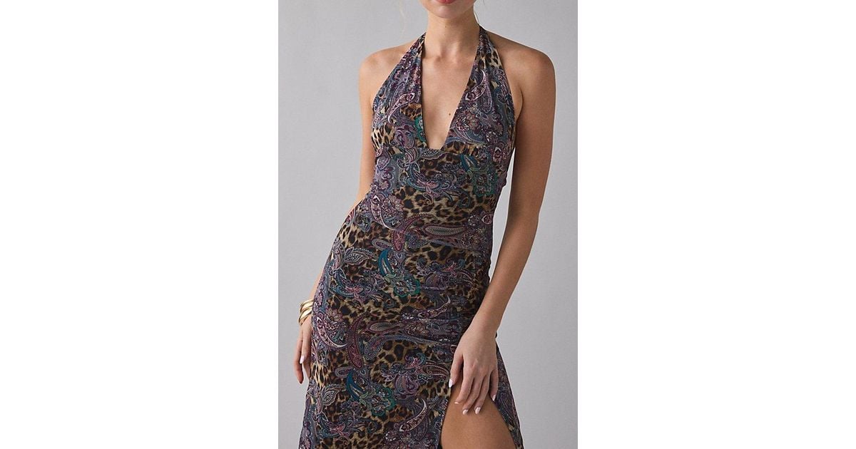 Urban Outfitters Uo Deep Plunge Halter Ruched Mesh Midi Dress in Black ...