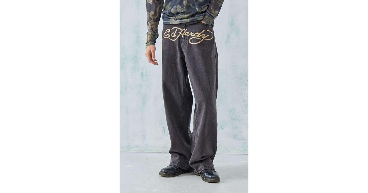 Ed Hardy Uo Exclusive Grey Signature Logo Jeans in Black for Men | Lyst UK