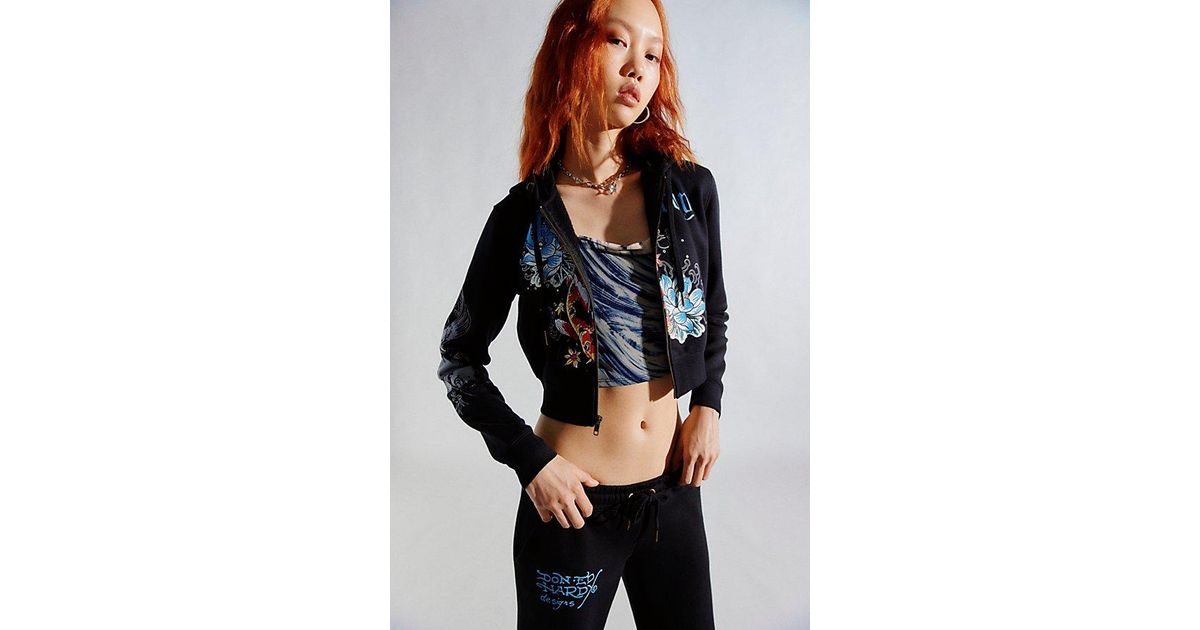 Ed Hardy Lotus Hooded Zip-Up Jacket in Blue | Lyst