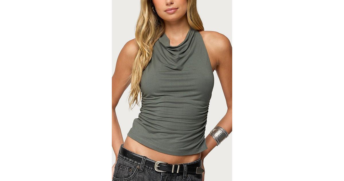 Edikted Collie Twisted High Cowl Neck Top in Gray | Lyst