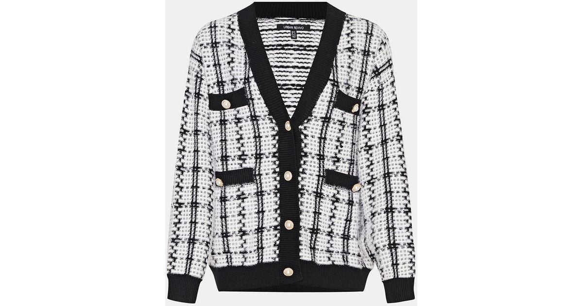 Urban Revivo Dionne Tweed Wool Cardigan In Dark Grey Checkered Black