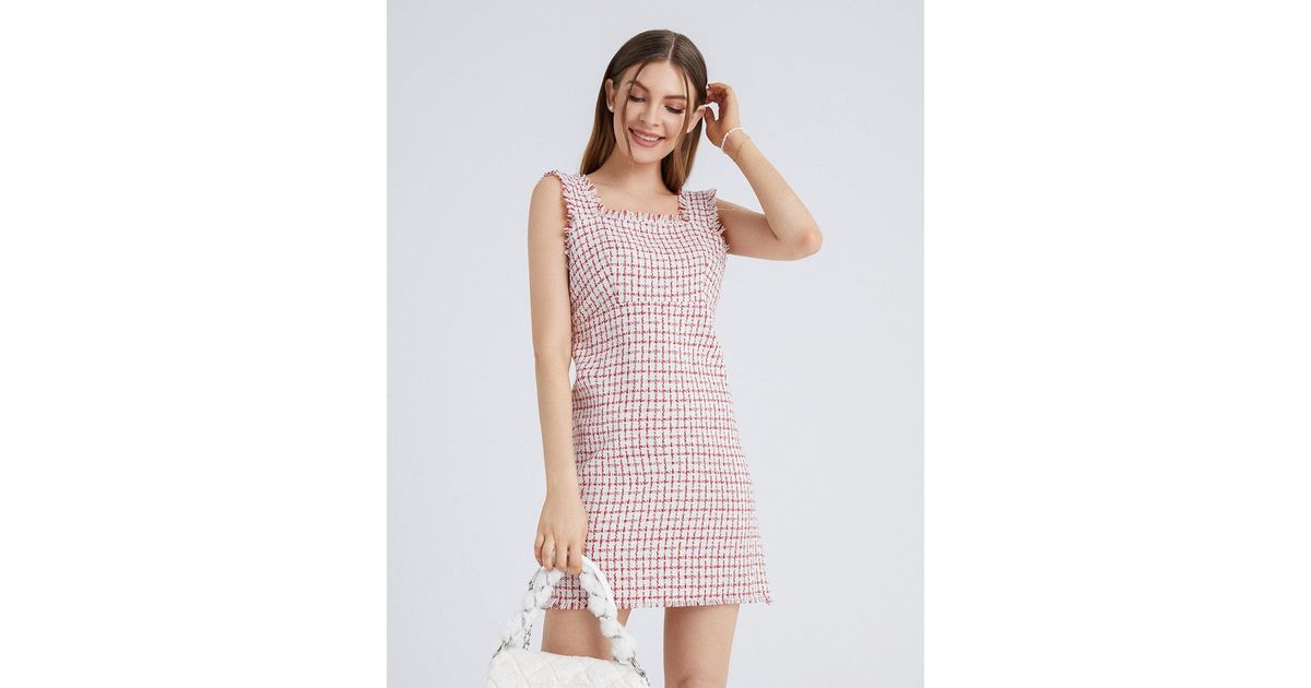 Urban Revivo Tweed Plaid Raw Trim Sleeveless Dress In Red Checkered