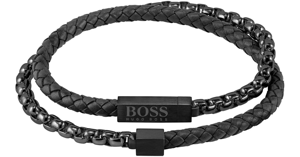 BOSS Boss Gents Boss Blended Black Leather And Black Ip Bracelet for ...