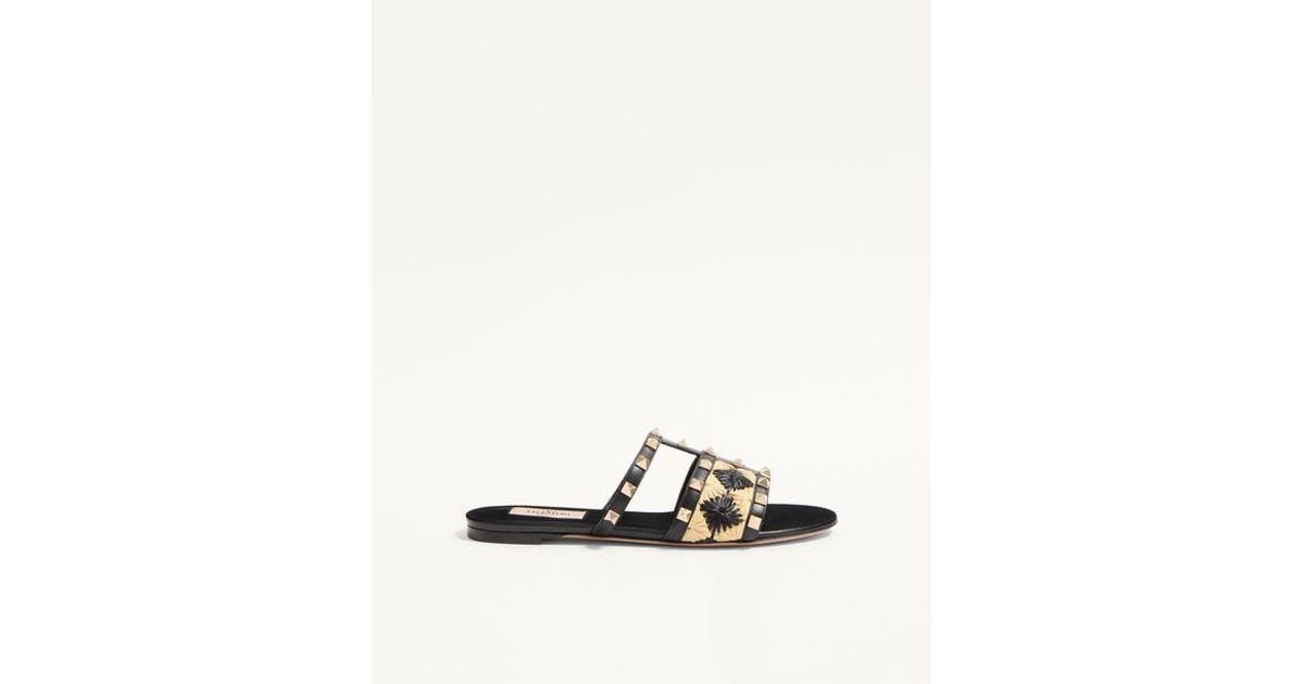 Valentino Garavani Rockstud Slide Sandal With Raffia Check Embroidery ...