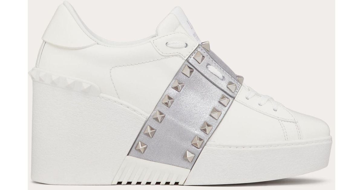 Valentino Garavani Open Disco Wedge Trainer In Calfskin With Metallic Band And Matching Studs ...