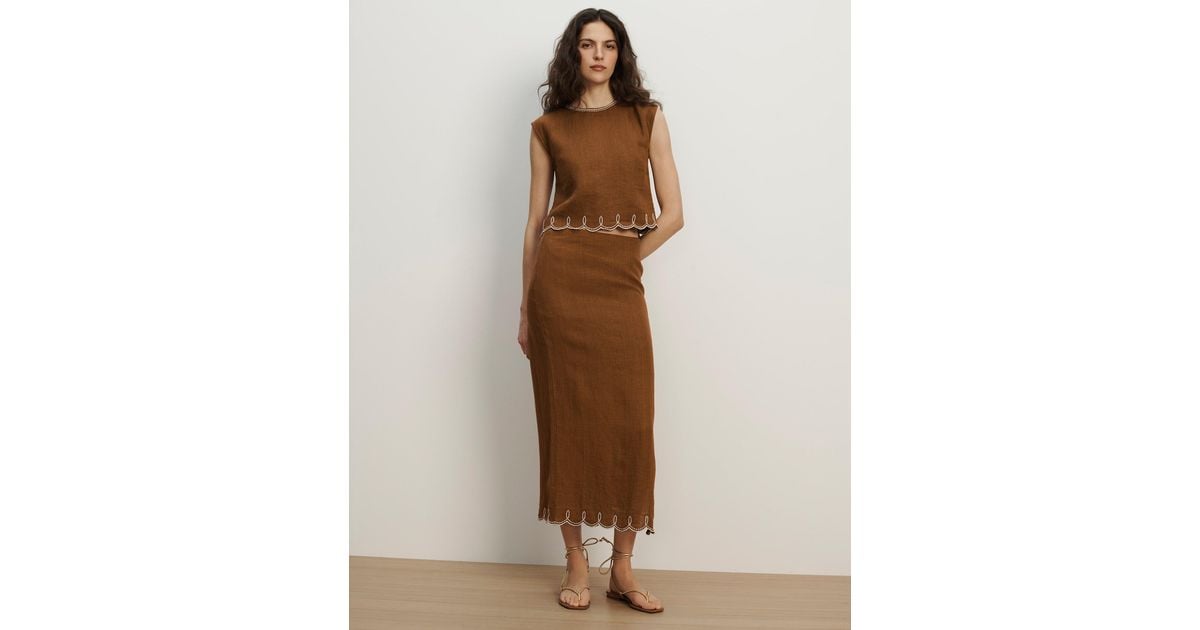 Veronica Beard Malou Linen Midi Skirt in Brown | Lyst