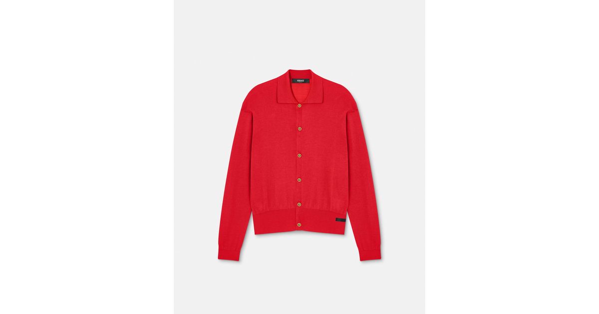 Versace Silk-Cotton Knit Polo Cardigan in Red for Men | Lyst UK