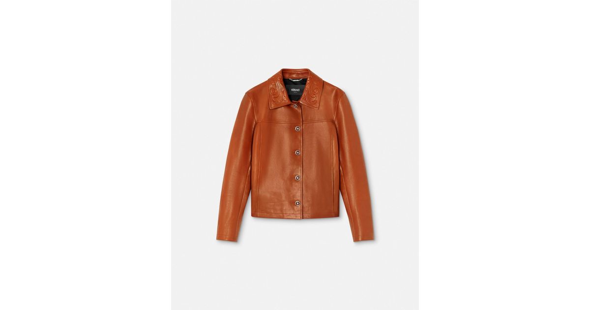 Versace Barocco Leather Boxy Blouson Jacket in Orange | Lyst