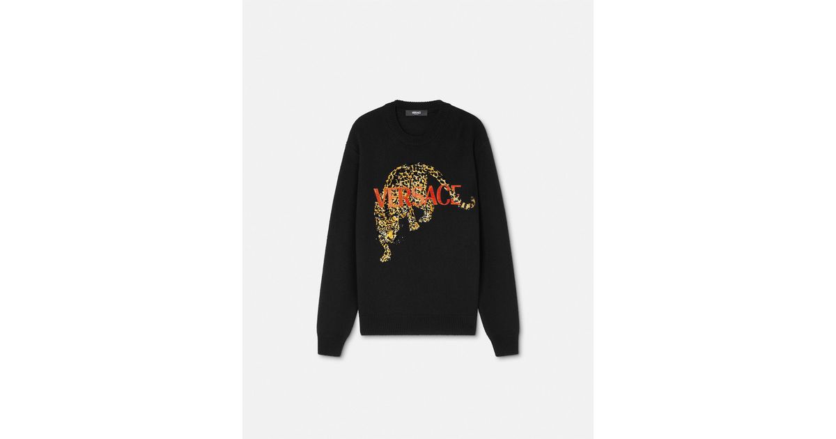 Versace Crystal Leopard Wool Knit Sweater in Black for Men | Lyst